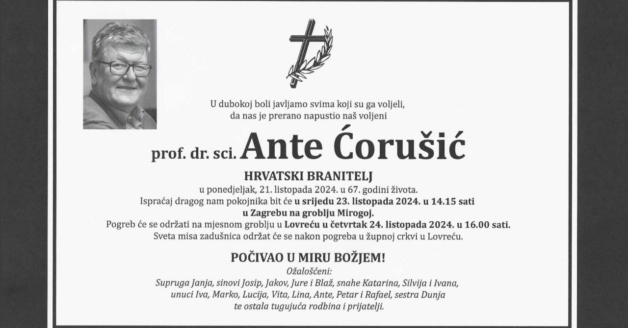 Jutarnji list - Ante Ćorušić će biti sahranjen u četvrtak, objavljena je osmrtnica